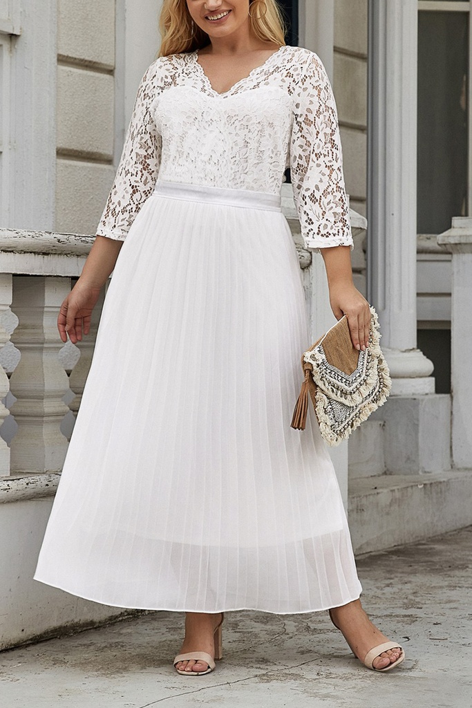 White Lace Scalloped V Neck 3 4 Sleeves Pleated Tulle Plus Maxi Dress
